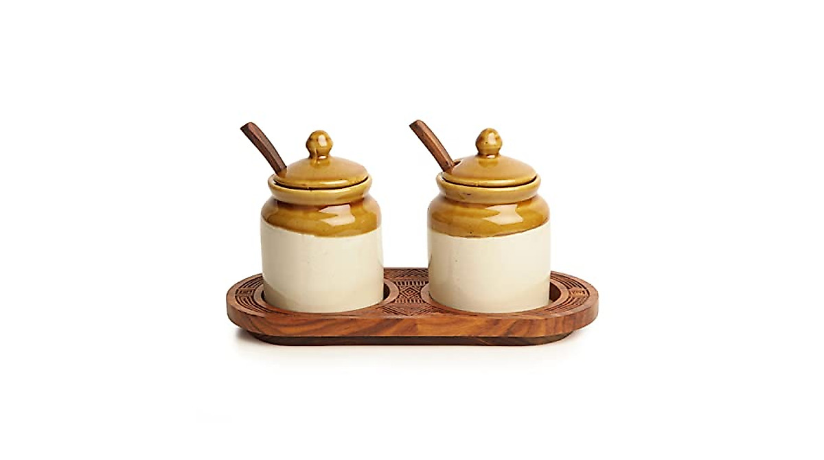 Elegant Ceramic Pickle Jar Set with Wooden Tray | Traditional Dining
