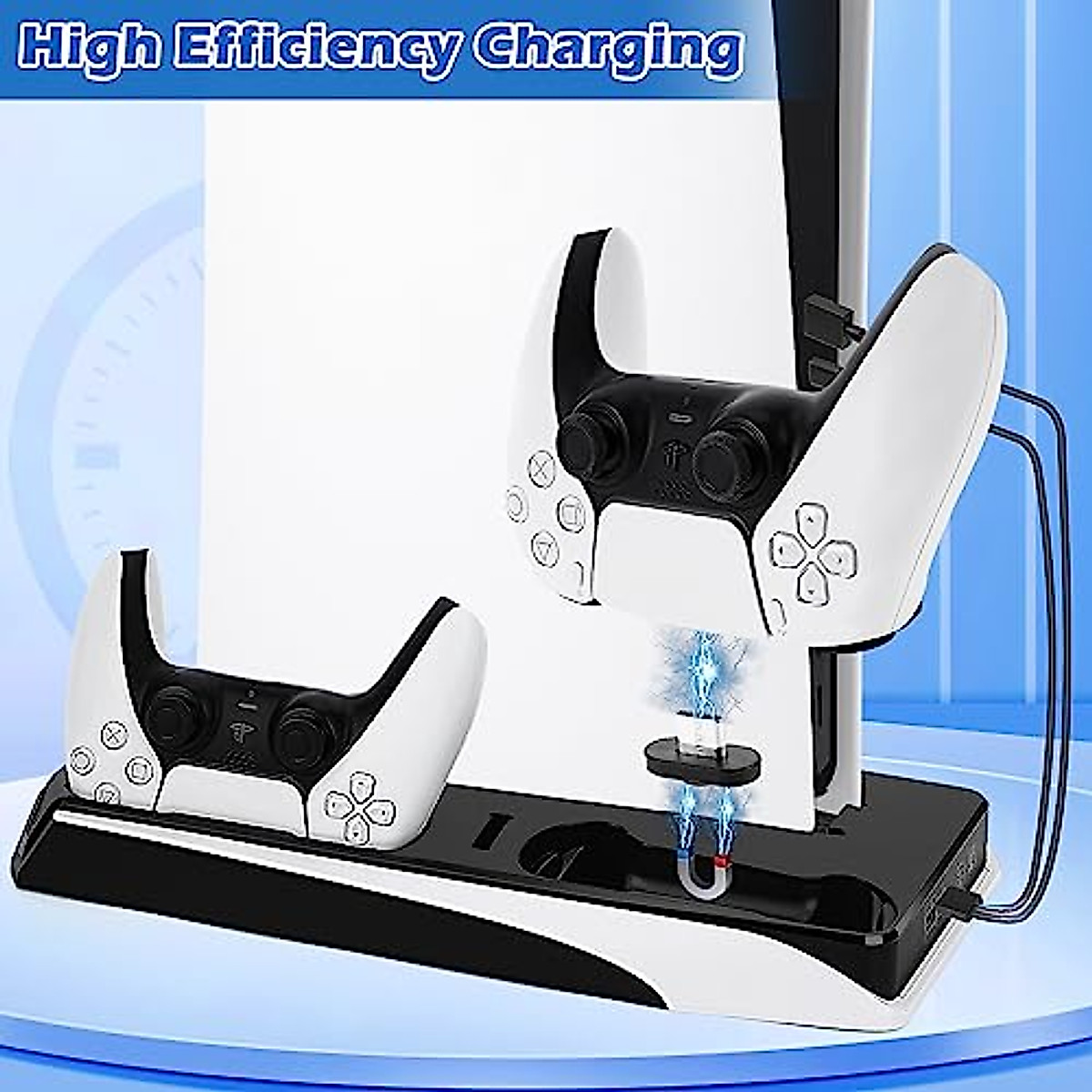 PS5 Cooling Station with RGB LED for Playstation 5 Console, Grathia Dual Fast PS5 Controller Charging Station with Cooling Fan, PS5 Controller Charging Doking Station with 12 Games & Headset Holder
