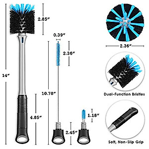 3-in-1 Bottle Brush with Straw Cleaning Brush and Nipple Cleaner, Long Handle Water Bottle Scrubbing Brush, Built for Cleaning Sport Bottles, Baby Bottles, Coffee Mugs, Tumblers, Wine Decanters, Flask