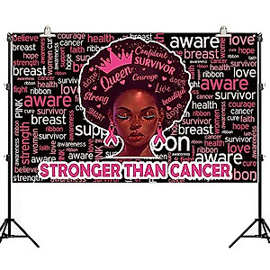 Pudodo Breast Cancer Awareness Backdrop Banner Stronger Than Cancer Pink Ribbon Support Photography Background Wall Decoration (3.6×5.9ft, Black)