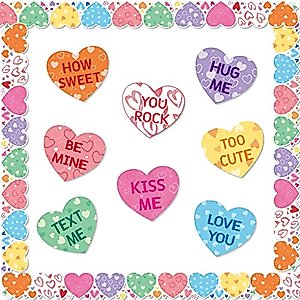 Haooryx 76Pcs Teacher Appreciate Sweet Conversation Heart Cutouts Bulletin Board Set Candy Heart Paper Cut-Outs Border Trim Bulletin Cardboard for Teacher Appreciate Party School Blackboard Wall Decor