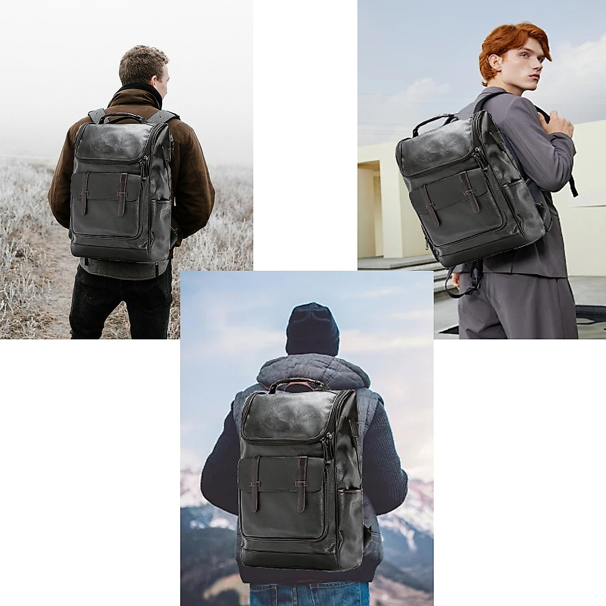 CHAO RAN Vintage Leather Backpack For Men Business Laptop Backpack With Charge Port Black Waterproof College School Bag