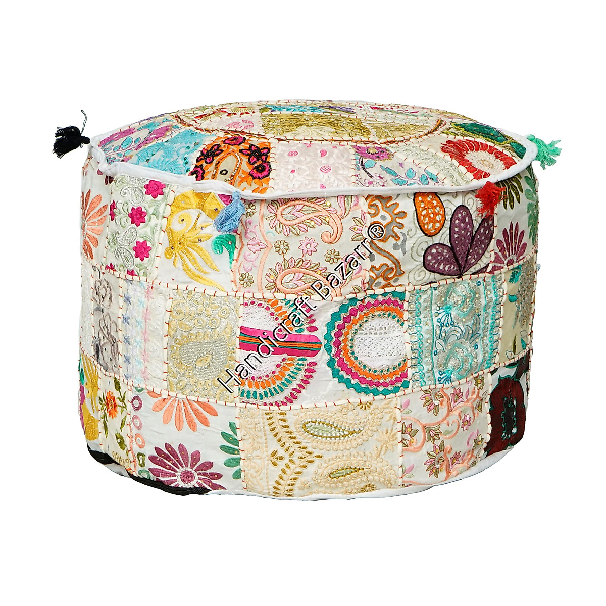 Handicraft Bazarr Handmade Pouf for Home Decor Traditional Patchwork Ottoman Ethnic Cotton Bean Bag Cover Embroidery Sitting Footrest Stool (18x18x13 Inch)