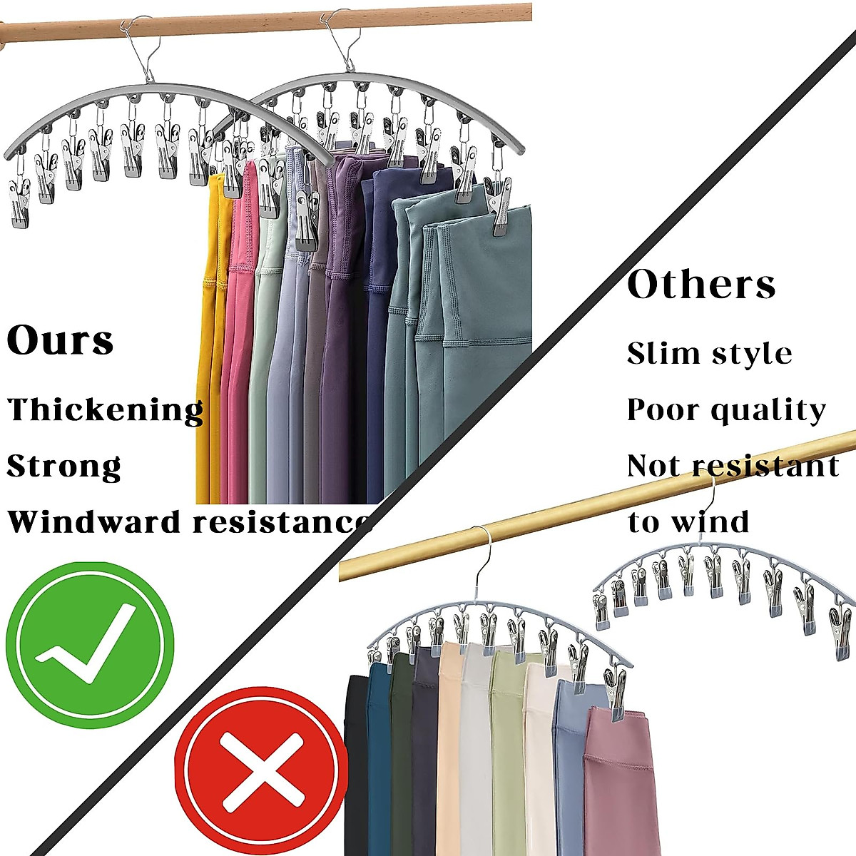 Gray Legging Organizer for Closet, Metal Yoga Pants Hangers 2 Pack w/10 Clips Holds 20 Leggings Hangers Space Saving Hanging Closet Organizer w/Rubber Coated Closet for Organizers and Storage