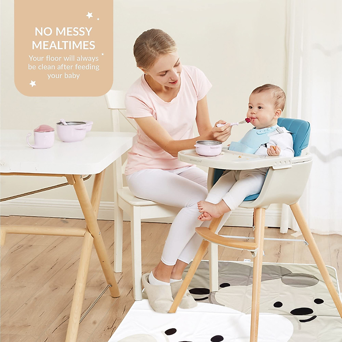 Splat Mat for Under High Chair - Splash Mat | Large 51" x 46" Size | Washable & Water Resistant | Avoid Messes | Multiple Uses | Easy to Wipe | Quick Drying - Comes w/ Carrying case for Floor & Table