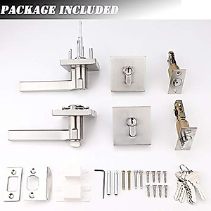 Probrico (4 Set) Entry Door Lever Lockset Handle with Double Cylinder Deadbolt, Combo Pack Keyed Alike Front Door Combination Set,Satin Nickel Finish Square Locking Security Lever Handleset