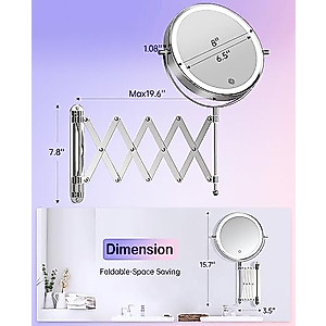 Rechargeable Wall Mounted Lighted Makeup Mirror, 1X/10X Magnifying Mirror with 3 Light Settings, 8 Inch 360° Swivel Extendable Bathroom Mirror, Double Sided Telescoping Mesh Vanity Mirror - Chrome