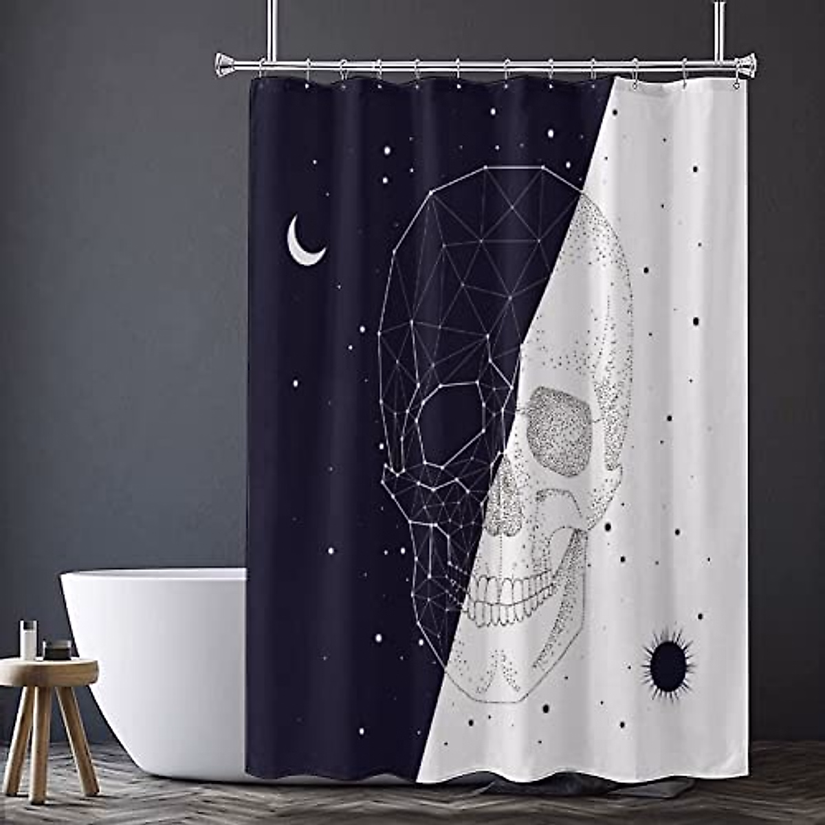 Sugar Skull Shower Curtain, Graveyard Mexico Design on Black White Backdrop Print, Cloth Fabric Bathroom Decor Set with Hooks 66x72Inch(168x183cm)