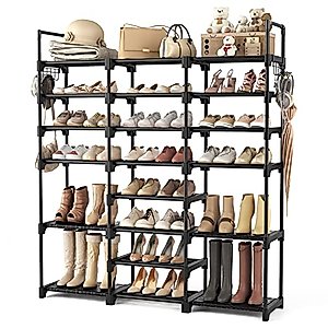 WEXCISE Tall Shoe Rack Organizer 8 Tiers 42-45 Pairs Large Shoe Rack for Closet Entryway Garage Big Shoe Storage with Side Hooks Black Metal Free Standing Shoe Racks Sturdy Shoe Shelf Tower