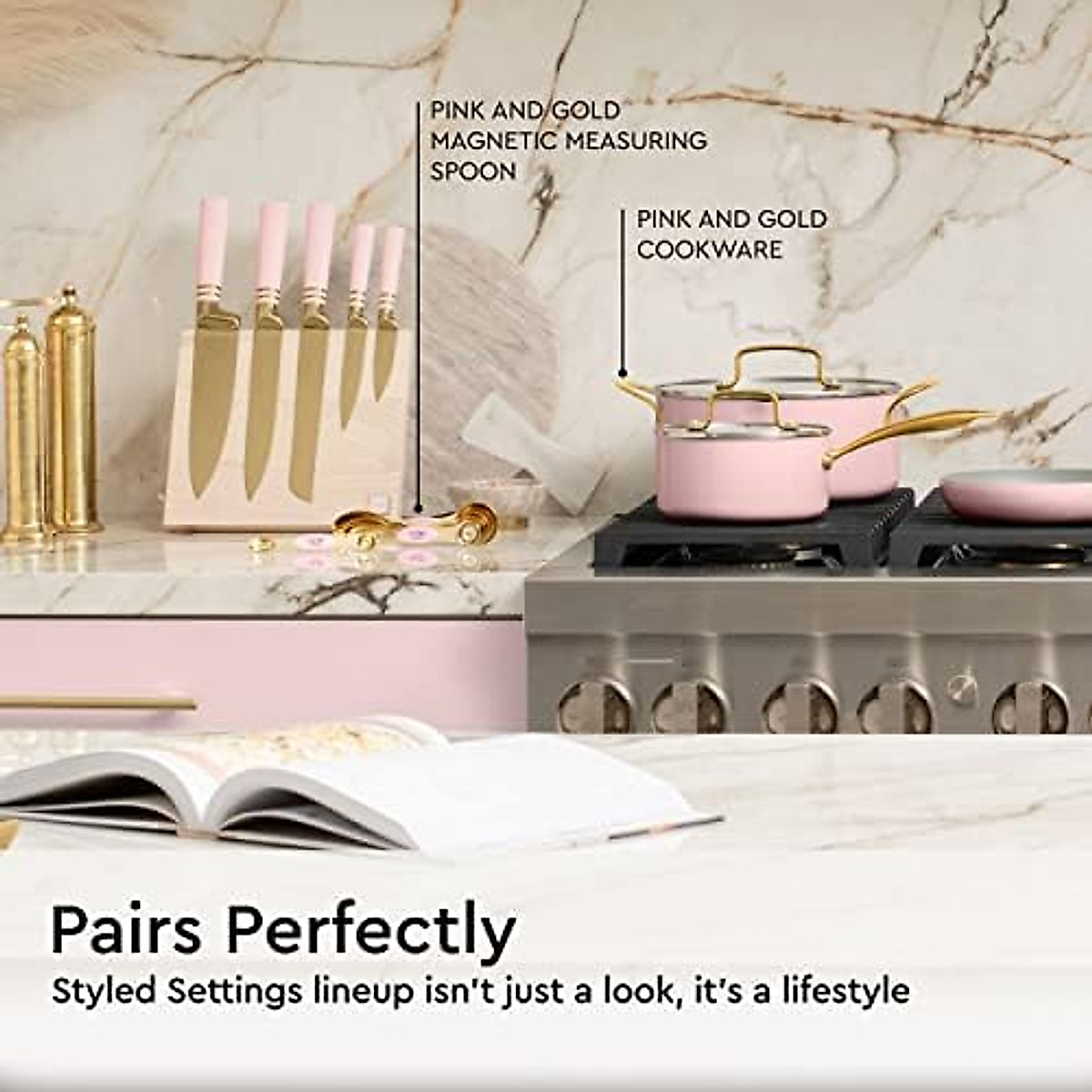 Pink Knife Set with Magnetic Knife Block - 6 PC Pink and Gold Knife Set with Block Includes Pink Kitchen Knife Set & Ashwood Magnetic Knife Holder - Pink Kitchen Accessories