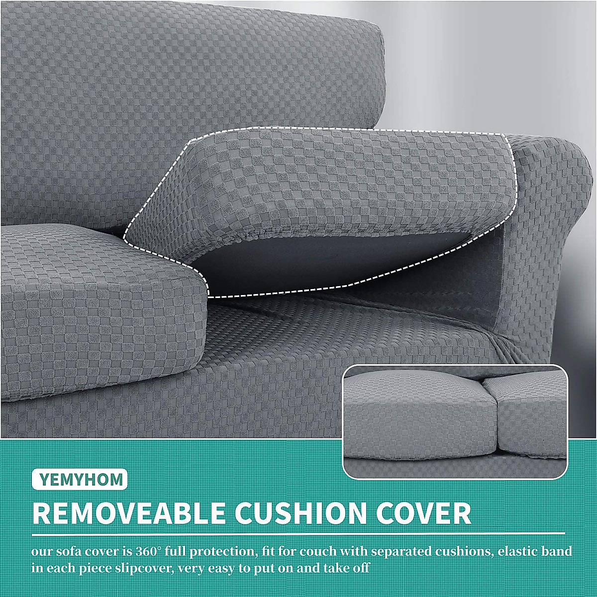 YEMYHOM Latest Checkered 3 Pieces Couch Covers for 2 Cushion Couch High Stretch Thickened Love Seat Sofa Cover for Dogs Pets Elastic Loveseat Slipcover Protector (Light Gray), 55"-69"(2 Cushions)