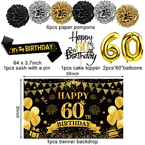 Eucutur 42PCS 60th Birthday Decoration Kit for Men Women, Black Gold Happy 60th Bday Banner Balloons Honeycomb Centerpiece Swirl Paper Pompoms Party Supplies, 60 Bday Sash Table Cake Topper Swirls Set