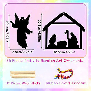 36 Pcs Nativity Scene Scratch Paper Christmas Tree Scratch Ornaments for Kids Include Scratch Card 10 Wooden Styluses 36 Colorful Ribbons for Christmas Birthday Classroom Holiday Crafts Supplies