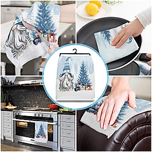 ZOE GARDEN Christmas Kitchen Towels,Absorbent Microfiber Kitchen Dish Hand Tea Bath Towel,Quick Dry Cleaning Cloth Dishclothes Decorative Sets, Winter Gnomes Xmas Silver Tree Pine Blue (1-PC, 18x28)