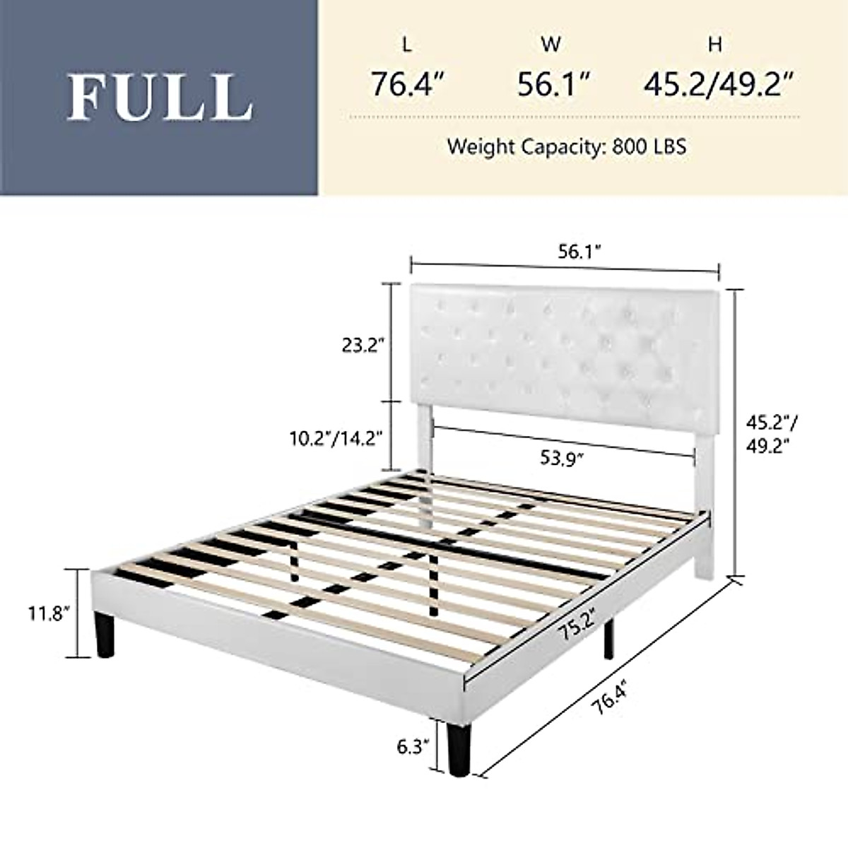 Allewie Full Bed Frame with Adjustable Diamond Stitched Button Tufted Headboard/Faux Leather Upholstered Platform Bed with Easy-Assembly Wood slats, White