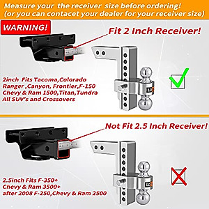 LOCAME Adjustable Trailer Hitch, Fits 2-Inch Receiver, 8-Inch Drop/Rise Aluminum Drop Hitch, 12,500 LBS GTW-Tow Hitch for Heavy Duty Truck with Double Stainless Steel Locks, Silver, LC0004