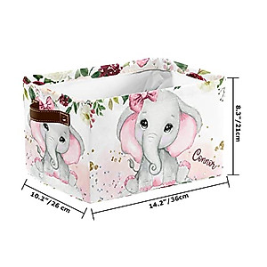 Pinkling Elephant Floral Rose Personalized Storage Bins Box Baskets with Handle Cubes Clothes Basket Box for Women Christmas Office Holiday 1 Pack