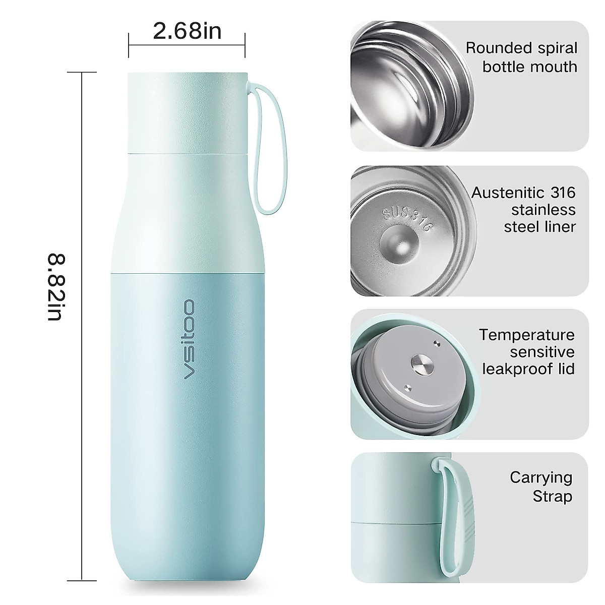 VSITOO Insulated Sports Water Bottle 15oz, Rechargeable, LED Temperature Display, Keep Drink Hot/Cold, Stainless Steel Triple Vacuum Insulated Thermos - BPA Free Leakproof Canteen, for Travel or Gym