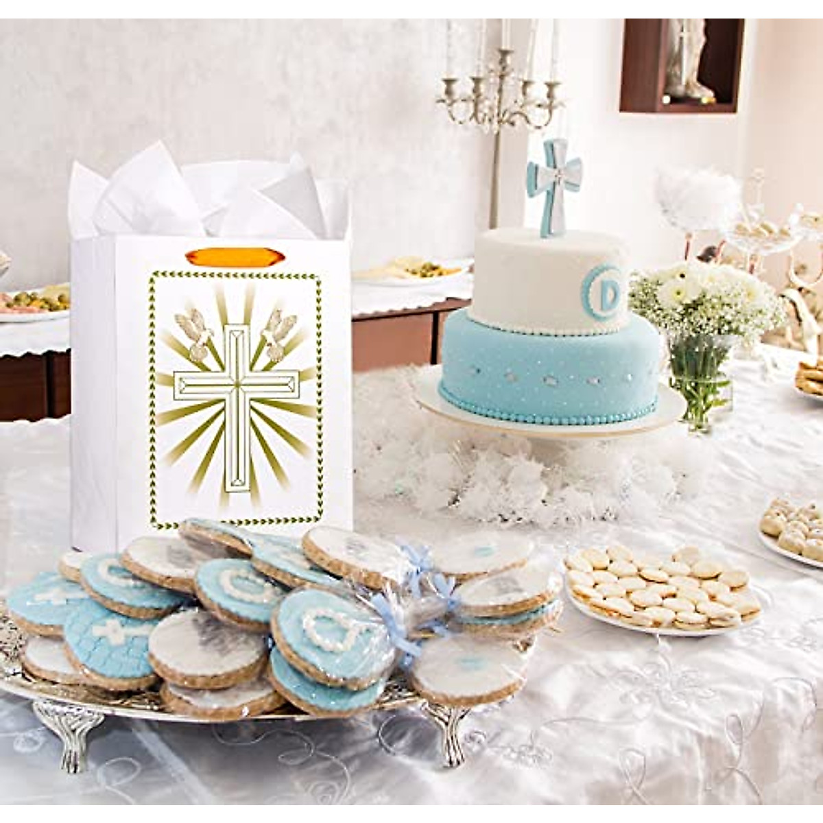 FaCraft 13" Large Gift Bag with Tissue Paper Cross Paper Gift Bags with Handle for Baptism Christenings Confirmations First Communions Religious Wedding,Baptism Gifts Bag for Kids Boys Girl