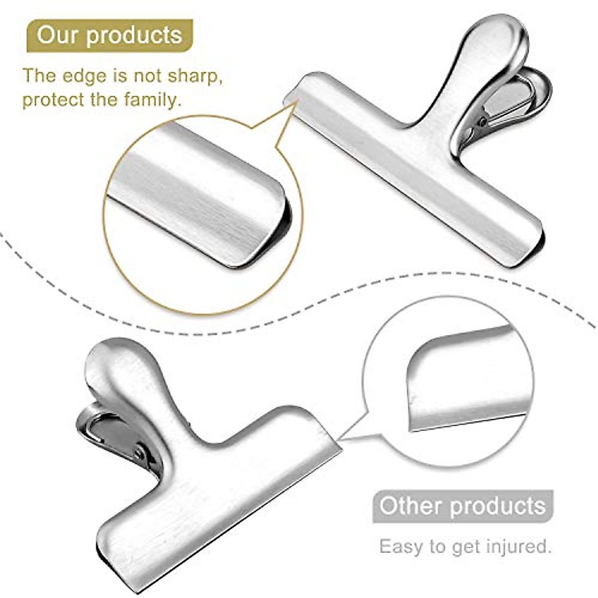 Whaline 8 Pack Stainless Steel Chip Clips Set, 4.7'' & 3'' Chip Bag Clips Heavy Duty Food Clips Round Edge Air Tight Seal Grip for Office Kitchen Home Usage Storage (2 Large and 6 Small Size)