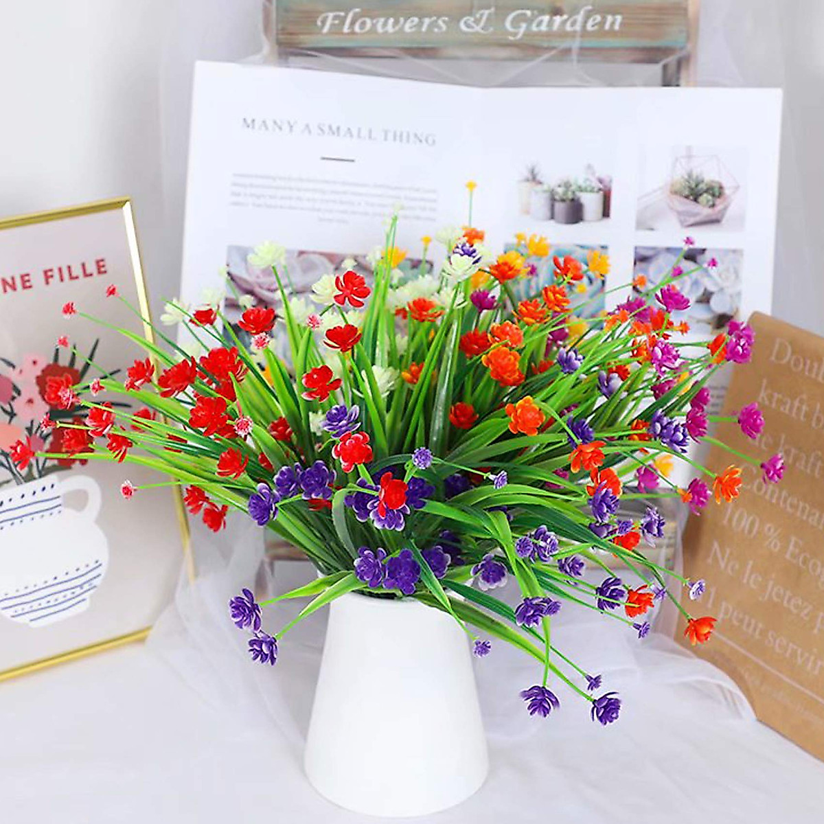 UCSAJI 6PCS Artificial Flowers Gypsophila Flowers Outdoor UV Resistant Plants for DIY Wreath Floral Arrangement Wedding Party Home Garden Decoration(Without Basin)