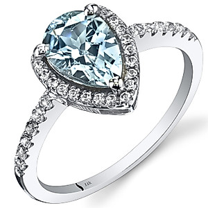 PEORA Aquamarine Teardrop Halo Ring for Women 14K White Gold with White Topaz, Natural Gemstone Birthstone, 1 Carat Pear Shape 9x6mm, Size 7