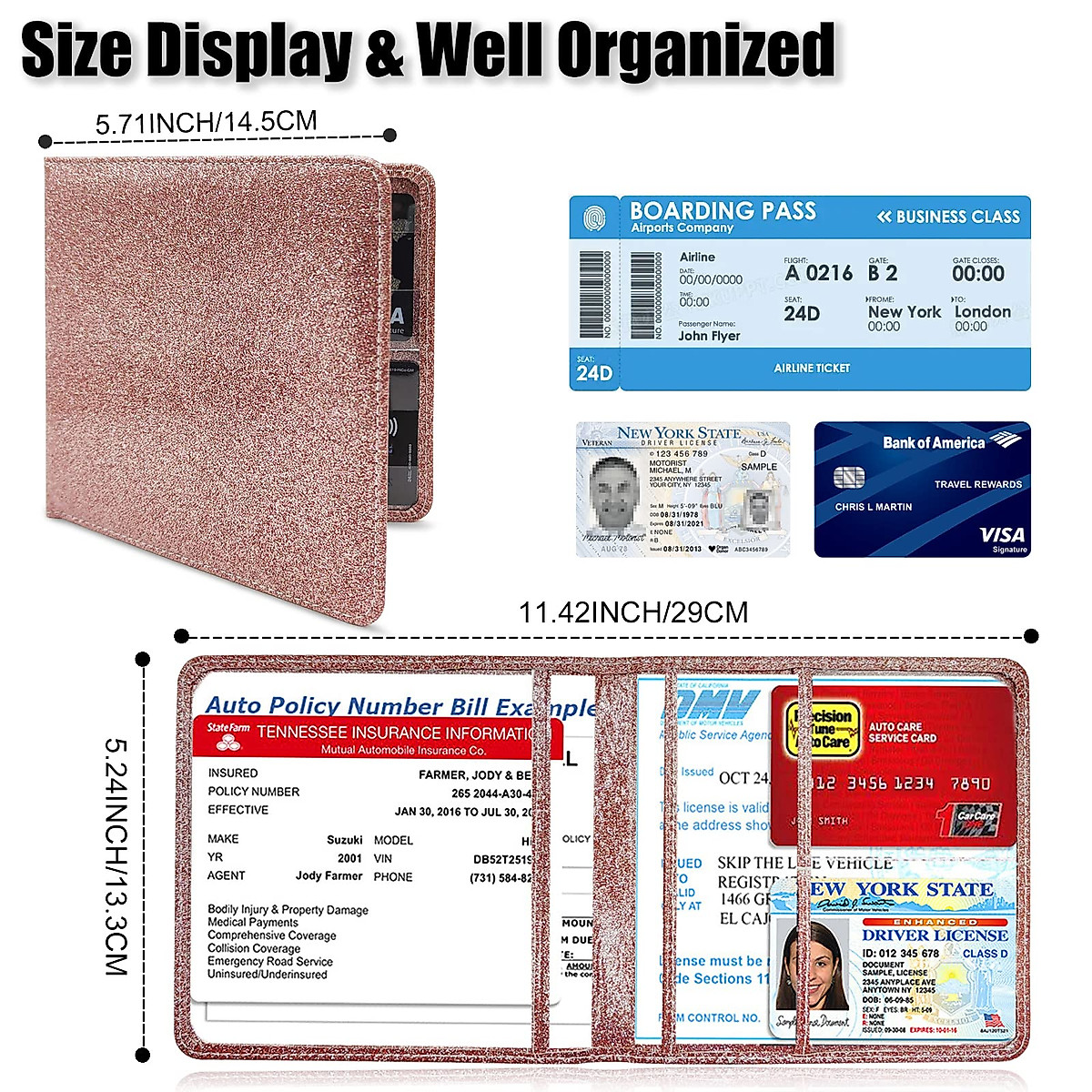 Car Registration and Insurance Holder, Premium PU Leather License Registration Holder for Driver License, Car Document Holder for Driver License, Cards & Essential Documents (Rose Gold)