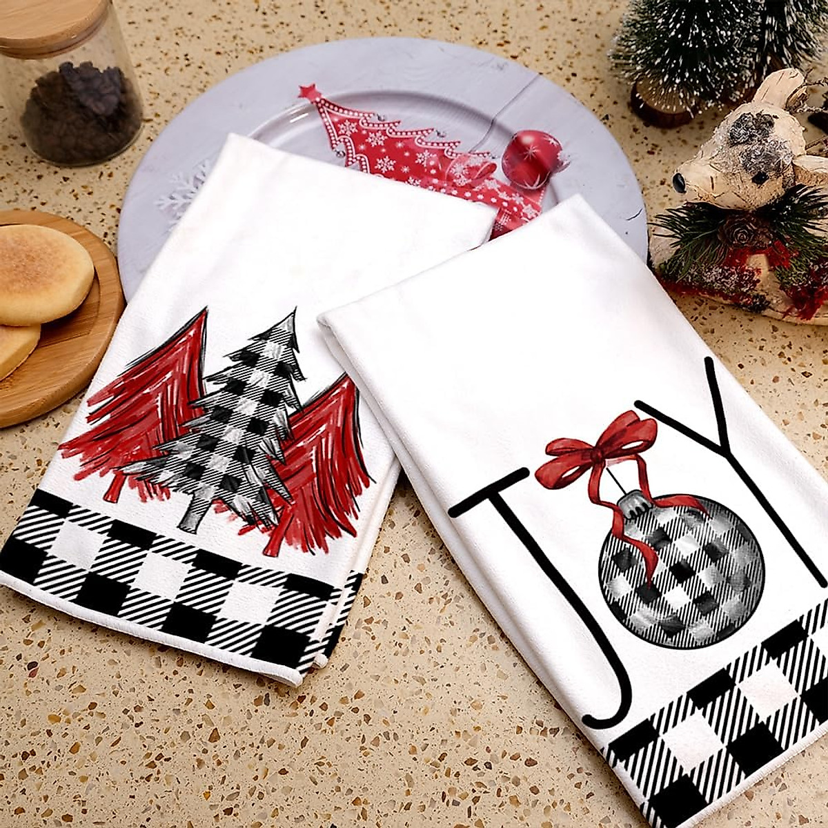 ARKENY Christmas Kitchen Towels Set of 2,Black Buffalo Plaid Xmas Tree Dish Towels 18x26 Inch Drying Dishcloth,Farmhouse Home Decoration AD008