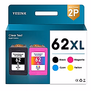 62XL Ink Cartridge Combo Pack, High Yield, for Ink Cartridge 62 62XL Black and Color, for Envy 5540 5640 7640 5660 7645 5661 5542 5642 OfficeJet 5740 5746 5745 250 Printers (2-Pack)