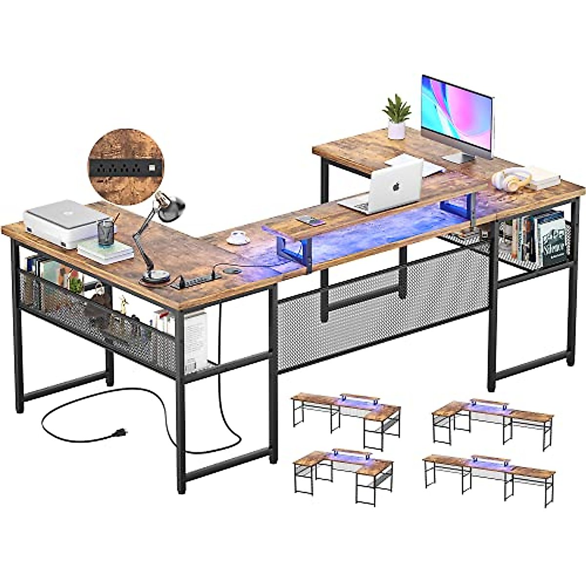 Unikito U Shaped Office Desk with Power Outlet and LED Strip, Reversible L Shaped Computer Desk with Monitor Stand & Storage Shelves, U- Shape Gaming Table, 83 Inch 2 Person Corner Desk, Rustic Brown