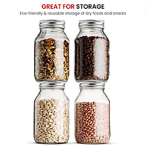 Glass Regular Mouth Mason Jars, Glass Jars with Silver Metal Airtight Lids for Meal Prep, Food Storage, Canning, Drinking, Overnight Oats, Jelly, Dry Food, Spices, Salads, Yogurt (10 Pack) (32 Ounce)