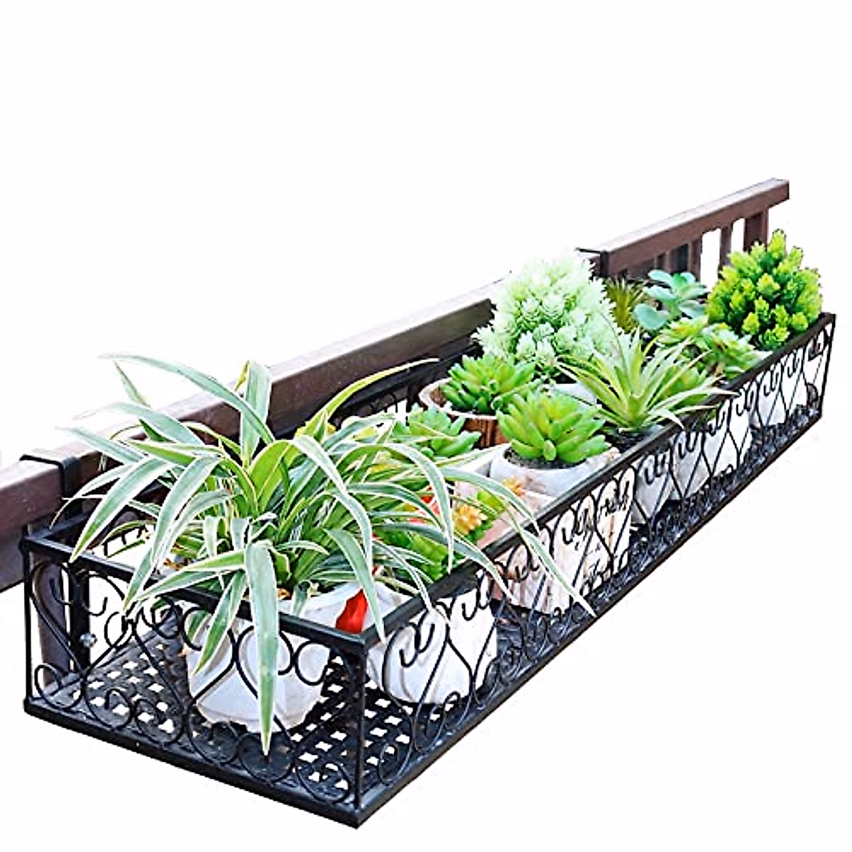Mairuker Balcony Railing Shelf Flower Pot Stand Rack, 23.5 Inches Iron Hanging Flower Rack Basket Shelf with Hooks for Outdoor Garden Balcony Fence Patio (Black)