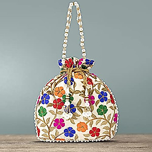 Aheli Ethnic Designer Embroidered Silk Potli Bag Batwa Pearls Handle Clutch Purse for Women (P01) (Multi Floral 4)