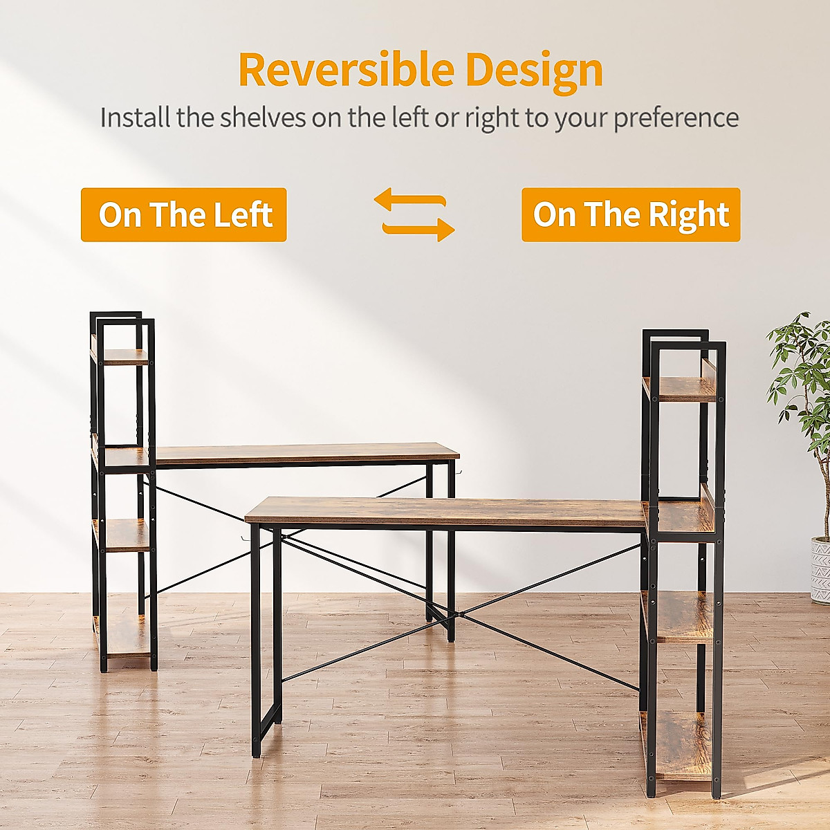 CubiCubi Computer Corner Desk with Storage Shelves, 47 Inch Reversible L Shaped Desk with Bookshelf, Home Office Writing Desk with Hooks, Small L Study Table, Rustic Brown