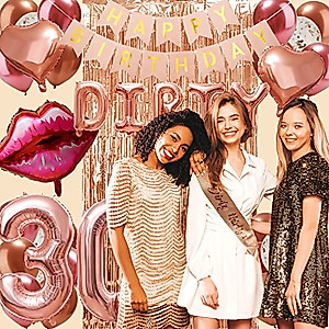 30th Birthday Decorations Set - Happy 30th Birthday Decorations with Happy Birthday Banner, Rose Gold Foil Curtains, Dirty 30 Balloons Kit, Rose Gold Sash - 30th Birthday Decorations for Her
