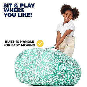 5 STARS UNITED Stuffed Animal Storage Bean Bag – Toy Storage Organizer and Bean Bag Chair for Kids Holds up to 90+ Plush Toys – Cotton Canvas Bags Cover for Boys and Girls Ages 4-11, Mint Roses