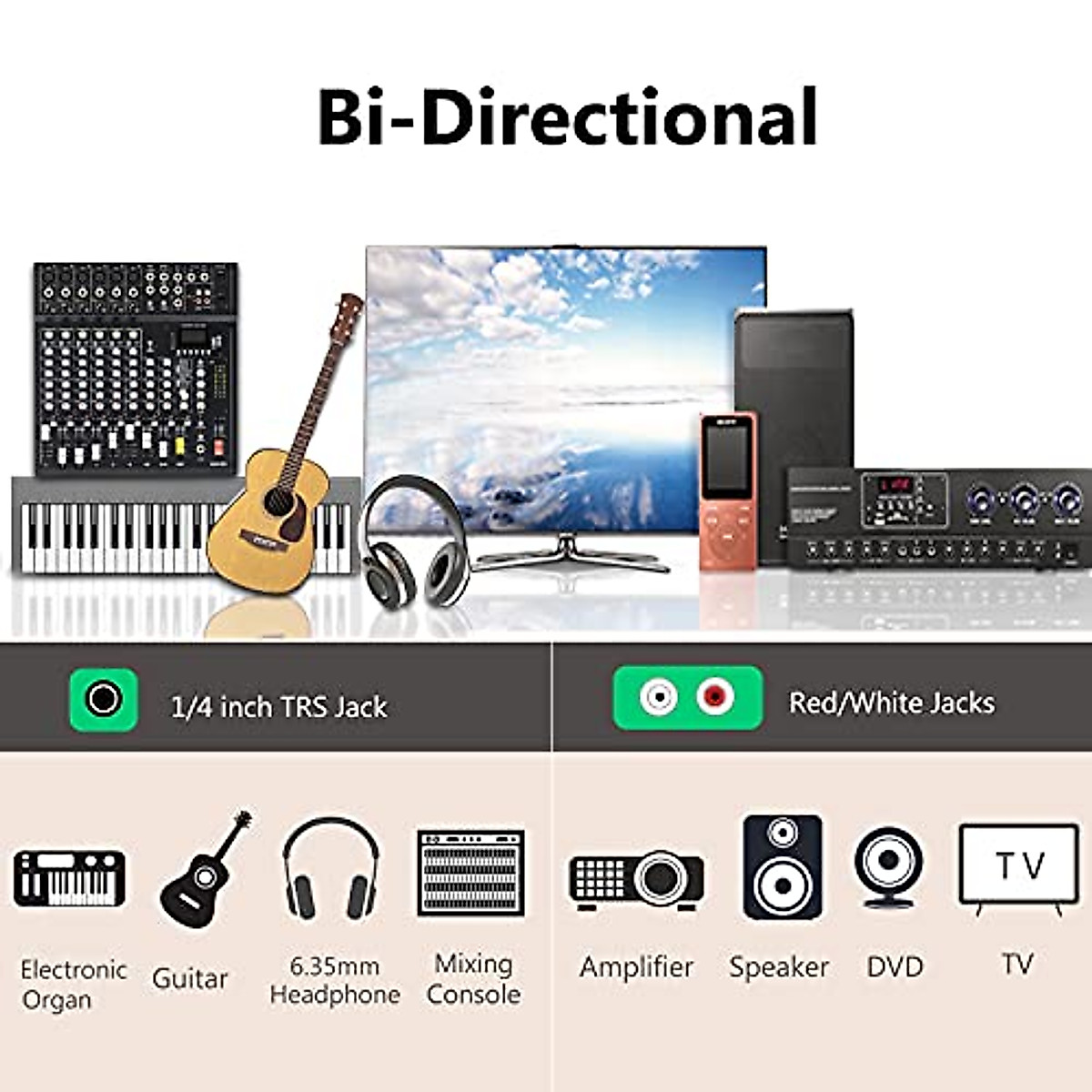 Devinal 1/4" inch TRS to RCA Y Splitter Cable, 6.35mm Stereo to 2 RCA Phono Insert Cable, Dual RCA to Quarter inch Audio Breakout Cable Cord 10 feet/ 3 Meters