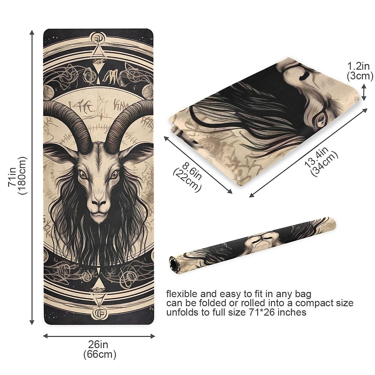 GOODOLD Goat Symbol Yoga Mat, 71 x 26 Inch Non-slip Yoga Mats Folding Travel Exercise Mat Indoor Outdoor Gym Pilates with Storage Bag for Women Men