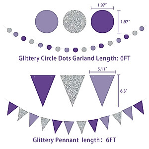 Purple White Birthday Decorations Party Supplies for Women Girls with Happy Birthday Banner,Tissue Paper Pom Poms, Triangular Pennants, Latex Confetti Balloons- Purple, Lavender and White
