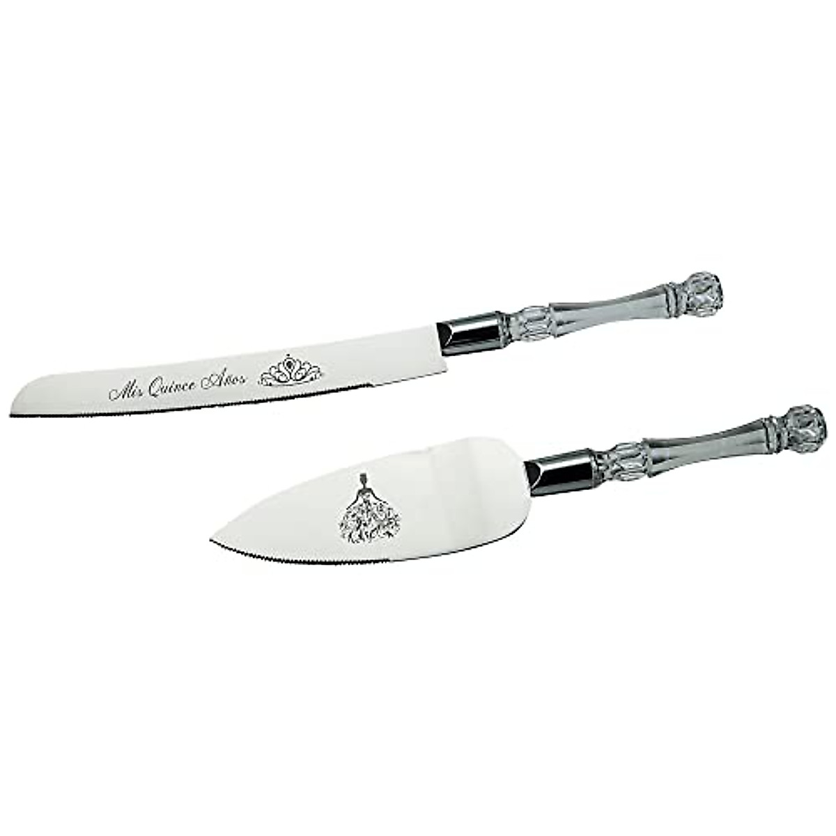 Lassos Boutique Mis Quince Años Quinceanera Cake Serving and Knife Set, Sweet 15 Birthday Cake Cutting Set. Feliz 15 Anos Decoration, Acrylic Handle, Stainless Steel, Silver (Silver)