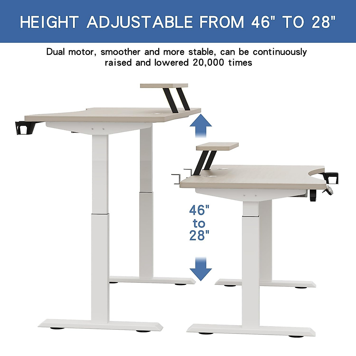 Jceet 63x30 Inches Dual Motor Electric Standing Desk with Drawer, Adjustable Height Sit Stand Up Desk with Storage Shelf, Home Office Desk Computer Workstation with Pale Pearwood Top/White Frame