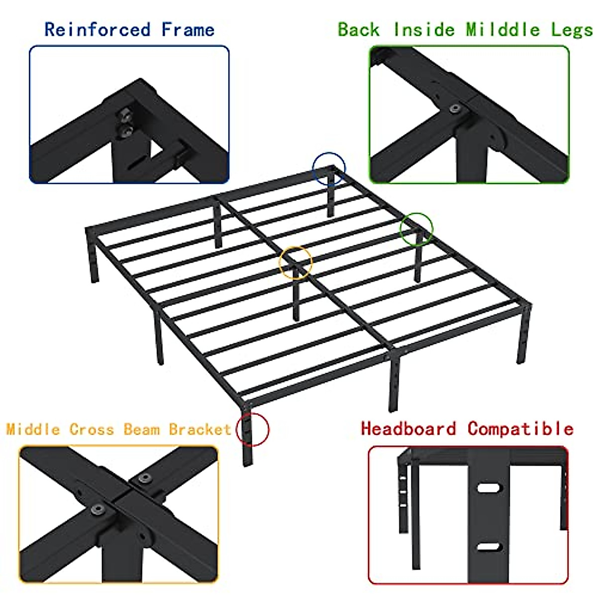 HOBINCHE 18 Inch Metal King Size Bed Frame No Box Spring Needed - Easy Assembly Heavy Duty Noise Free Narrow Bedframes - Double Black Basic Anti Squeak Steel Slats Platform with Storage