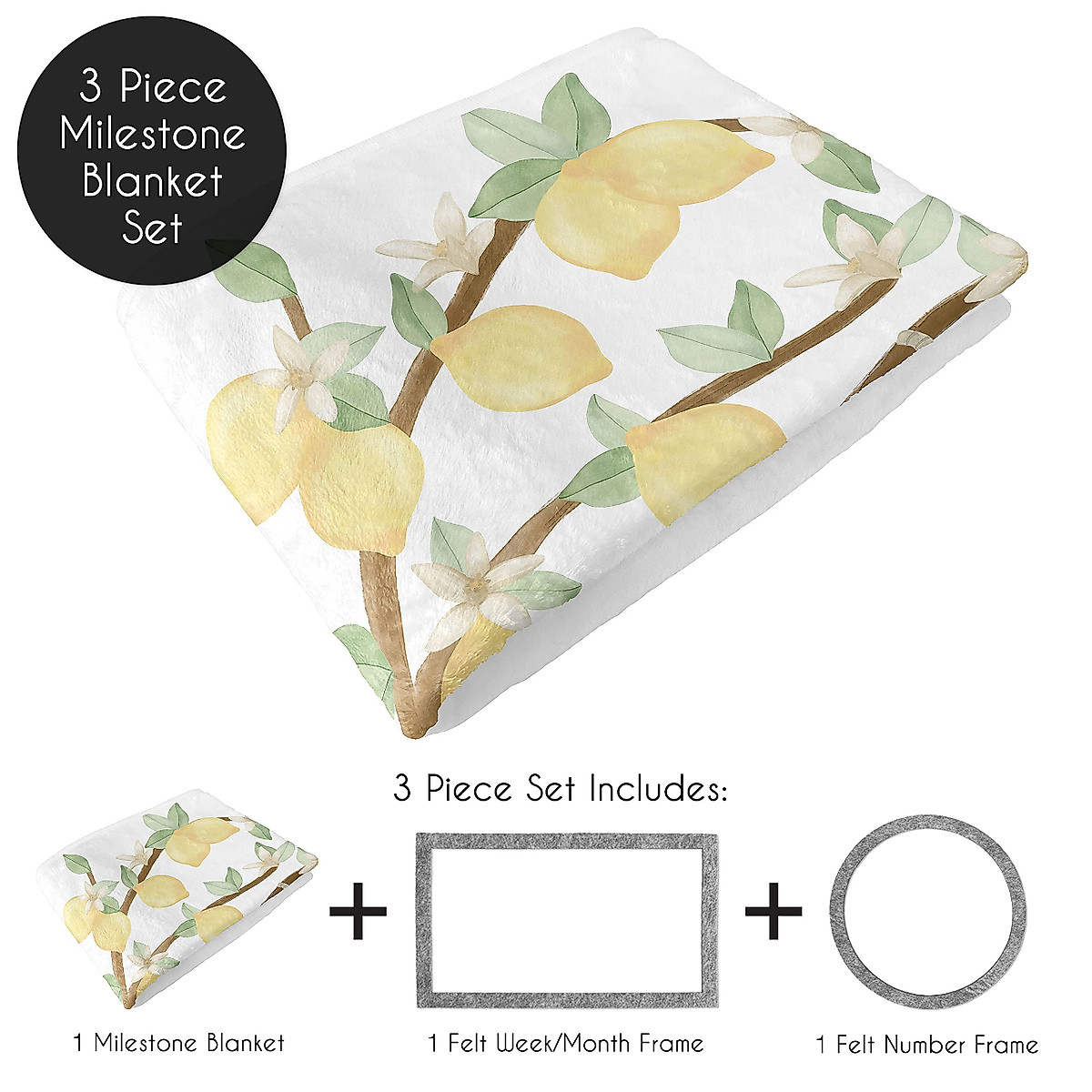 Sweet Jojo Designs Lemon Floral Girl Milestone Blanket Monthly Newborn First Year Growth Mat Baby Shower Memory Keepsake Gift Picture - Yellow Green Beige Watercolor Boho Bohemian Farmhouse Flower