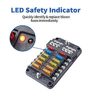 SOYOND 12v Fuse Block, 12 Way Marine Fuse Block with Led Indicator Damp-Proof Cover 12 Circuits Fuse Box with Negative Bus Fuse Panel for Car Boat RV Truck Dc 12/24v