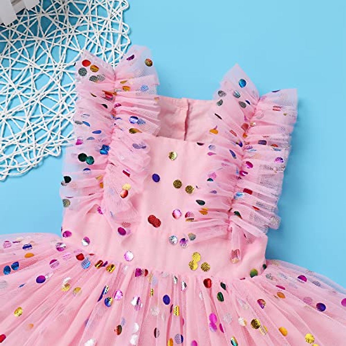 Baby Girls 1st Birthday Outfit Colorful Polka Dots Print Tulle Romper Ruffle Shoulder Straps Sleeveless Square Neck Princess Party Tutu Dress Cake Smash Clothes for Photo Shoot Pink 12-18 Months