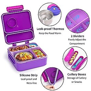 HAIXIN Bento Box for Kids - Insulated Lunch Box with Thermos for Hot Food, Leak-proof Kids Lunch Box with Cutlery and Snack Box, 4-Compartments Lunch Container for School Outdoors Office (Purple)