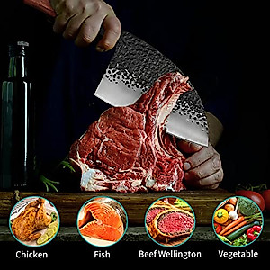 FINDKING Dynasty Series Serbian Chefs Knife with Leather Sheath, Heavy Duty Meat Cleaver, 9Cr18MoV High Carbon Steel Blade, African Rosewood Octagonal Handle, for Meat, Chicken Bones, 6.5 Inches