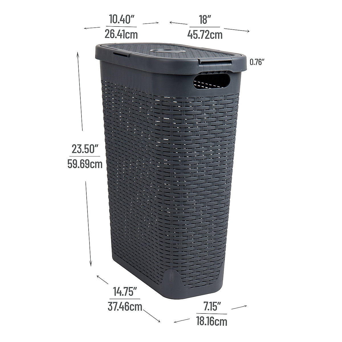 Mind Reader 40L Slim Laundry Hamper, Clothes Basket, Lid, Wicker Design, Plastic, 18"L x 10.4"W x 23.5"H, Gray