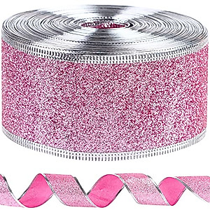Christmas Glitter Wired Ribbon Xmas Wrapping Ribbon,2"x25 Yards Glitter Wide Ribbon Swirl Metallic Wired Edge Ribbon,Curling Wired Shimmer Glitter Ribbon for Home Decor,Gift Wrapping,DIY Crafts,Pink