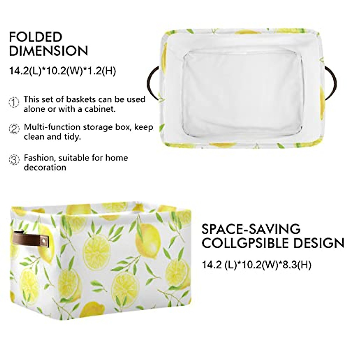 xigua Fresh Lemons Pattern Square Storage Basket,Collapsible Sturdy Fabric Storage Basket Cube W/Handles for Clothes Toy Closet(1 pcs)